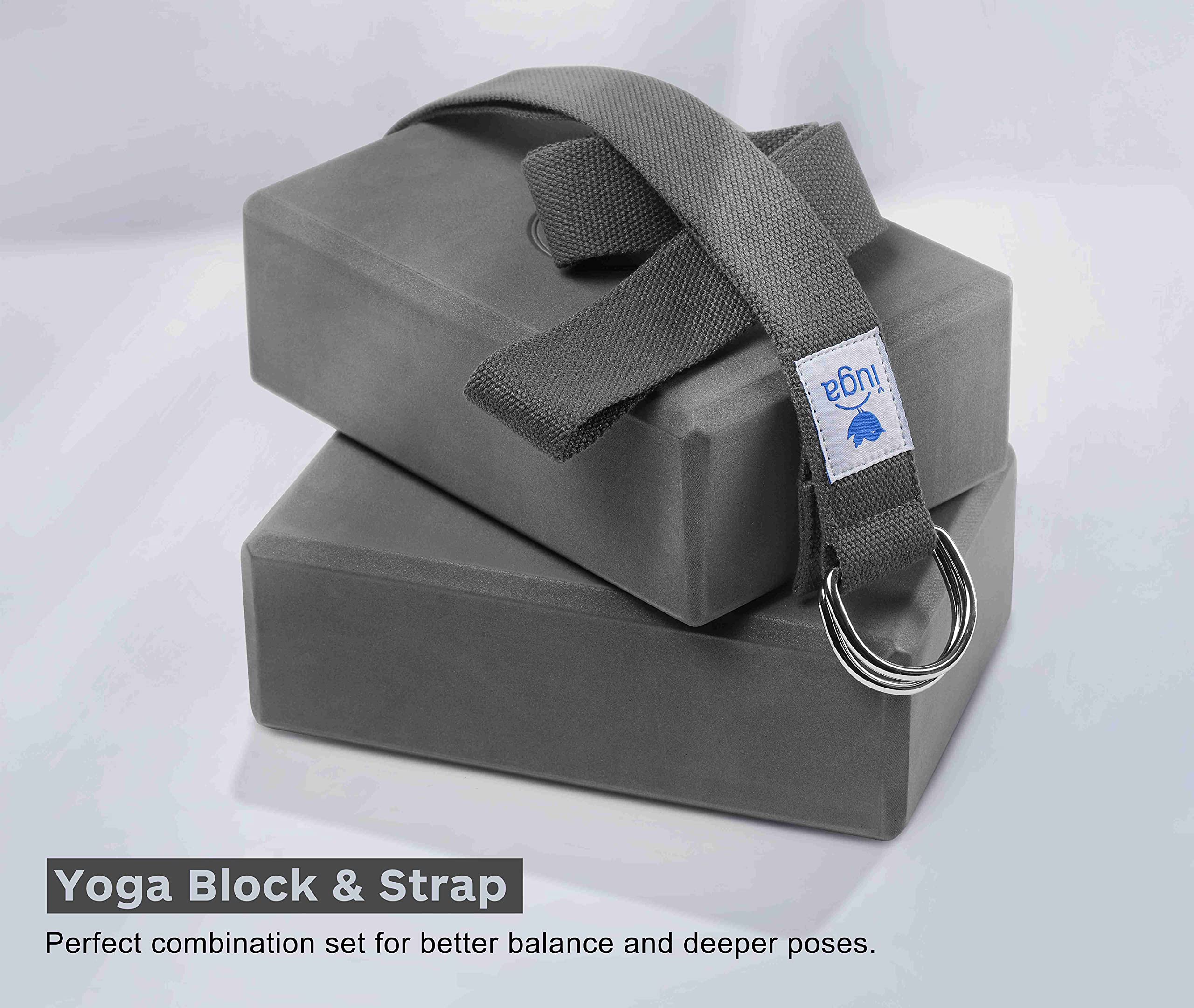 IUGA Yoga Block 2 Pack with Yoga Strap, High Density Yoga Blocks 9”x6”x3”to Improve Strength, Flexibility and Balance, Light Weight and Non-Slip Surface for Yoga, Pilates and Meditation