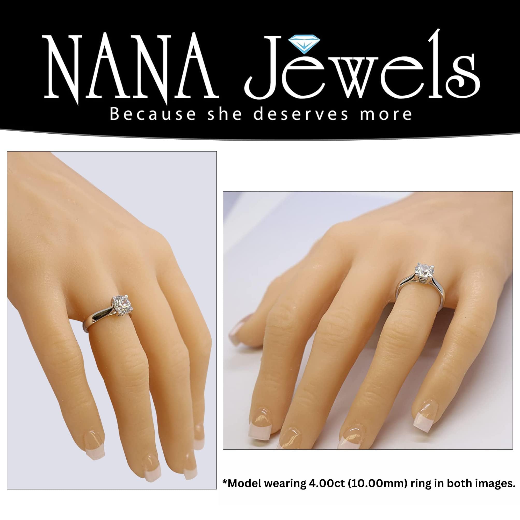 NANA Jewels Silver 10.00mm (4.00ct) Round Cut Zirconia Lucita Solitaire Engagement Ring-Platinum Plated-Size 7