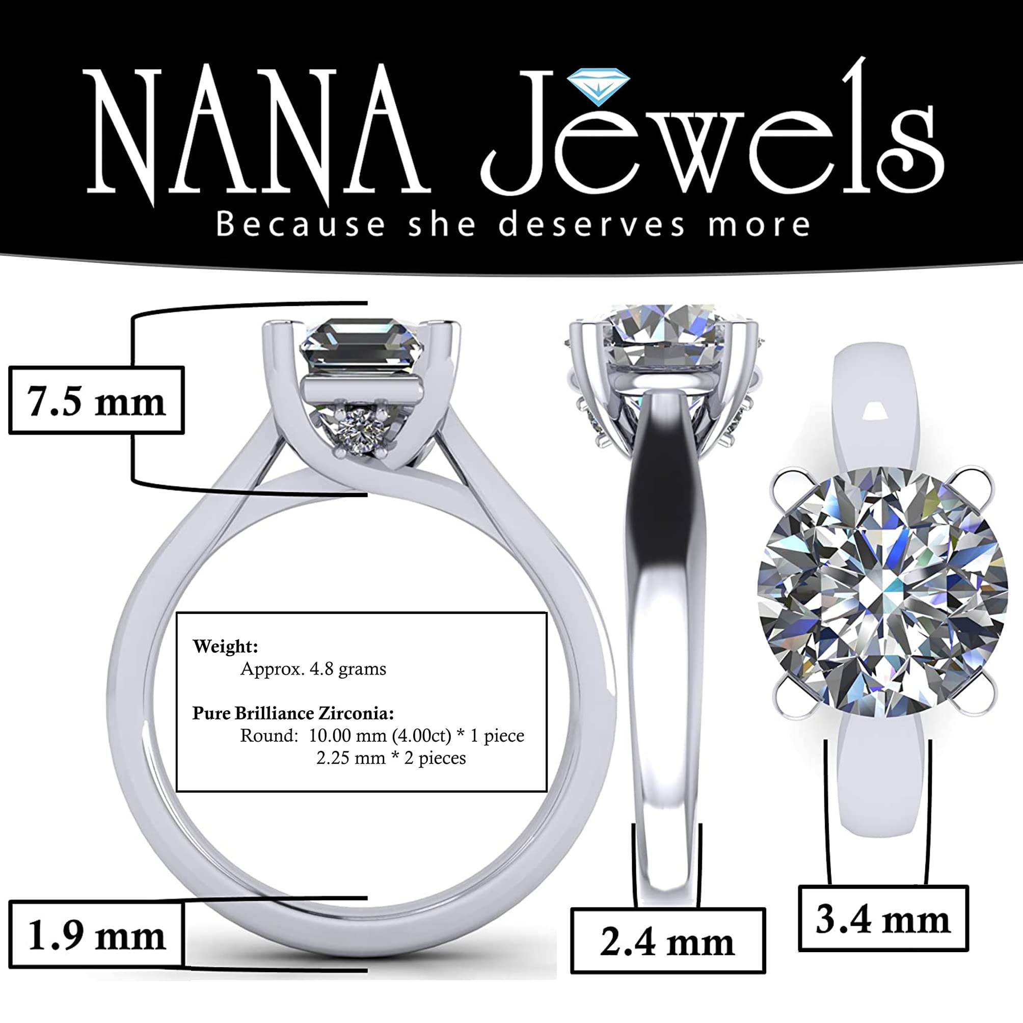 NANA Jewels Silver 10.00mm (4.00ct) Round Cut Zirconia Lucita Solitaire Engagement Ring-Platinum Plated-Size 7