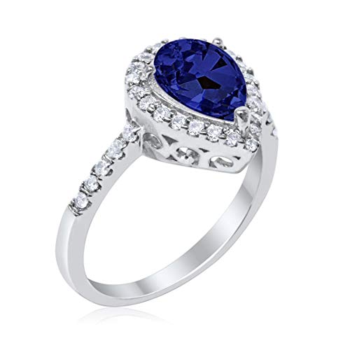 Halo Teardrop Bridal Filigree Ring Pear Simulated Blue Sapphire Round Cubic Zirconia 925 Sterling Silver, Size-5