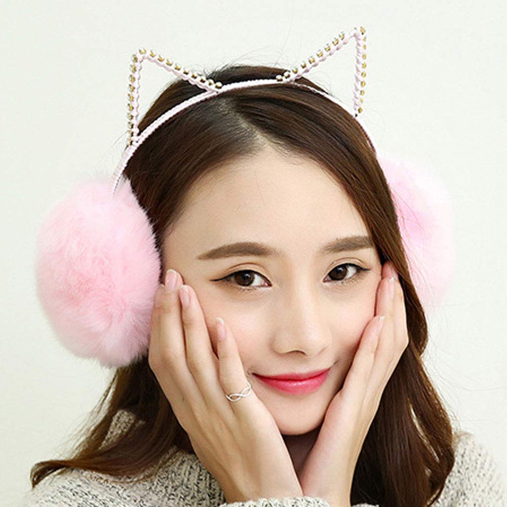 CHUANGLI Glitter Crystal Cat Ears Winter Earmuffs Warm Plush Ear Warmers for Women Girls