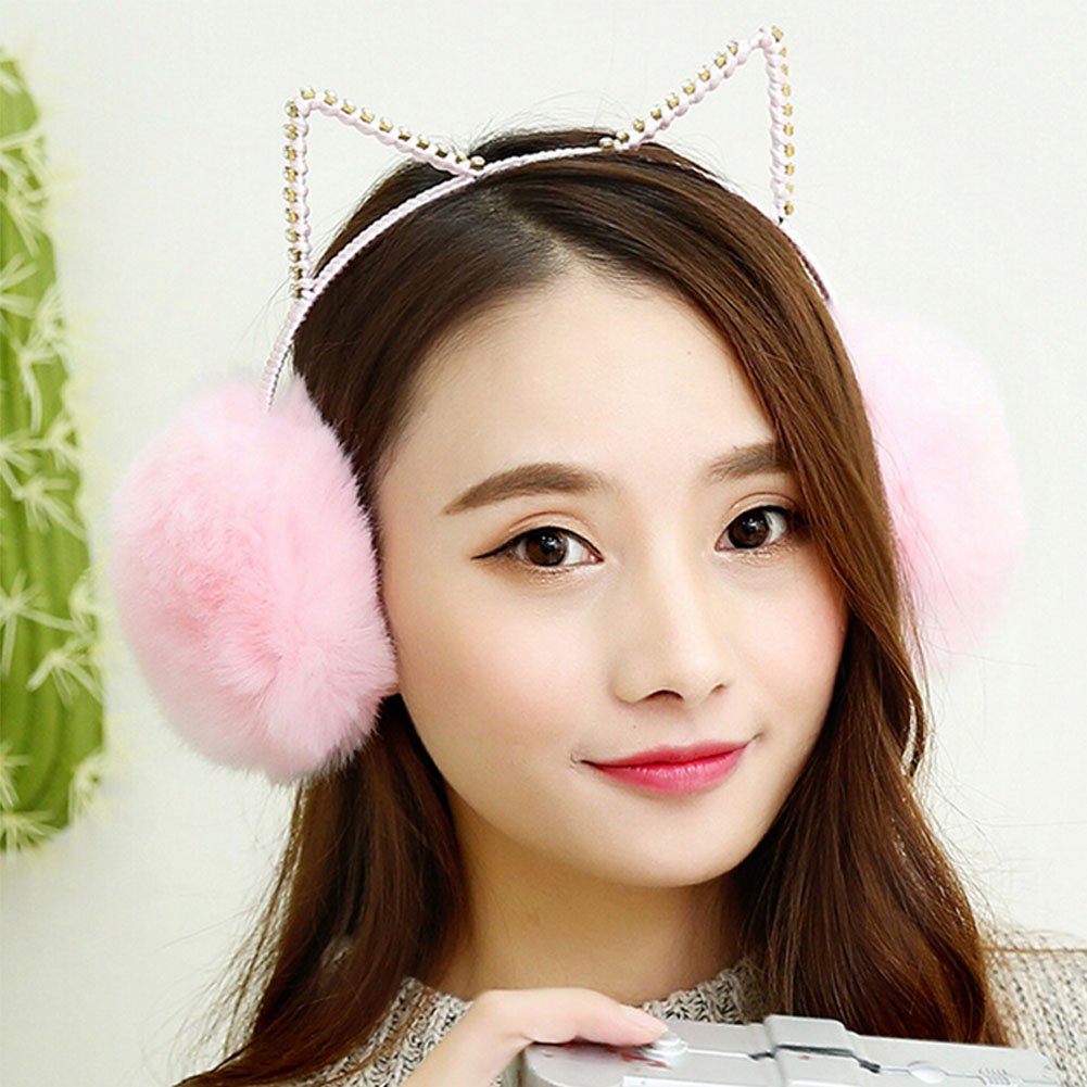 CHUANGLI Glitter Crystal Cat Ears Winter Earmuffs Warm Plush Ear Warmers for Women Girls