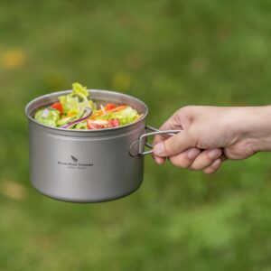 iBasingo Titanium Pot Pan Set with Folding Handle Outdoor Camping Soup Pot Bowl Frying Pan Mess Kit Ultralight Cookware for Picnic Travel Backpacking A-Ti2034C