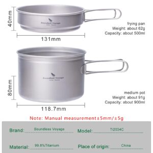 iBasingo Titanium Pot Pan Set with Folding Handle Outdoor Camping Soup Pot Bowl Frying Pan Mess Kit Ultralight Cookware for Picnic Travel Backpacking A-Ti2034C