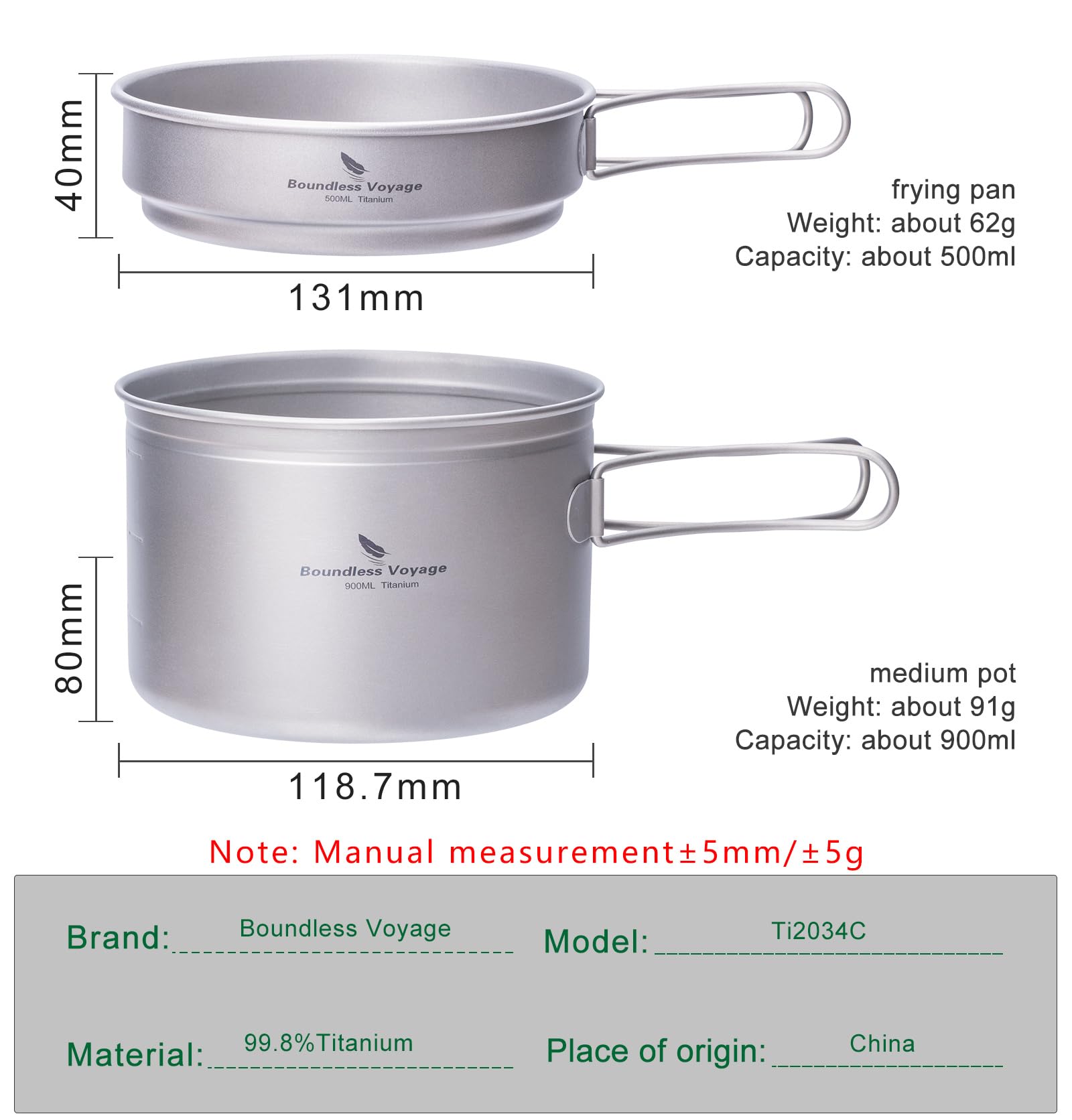 iBasingo Titanium Pot Pan Set with Folding Handle Outdoor Camping Soup Pot Bowl Frying Pan Mess Kit Ultralight Cookware for Picnic Travel Backpacking A-Ti2034C