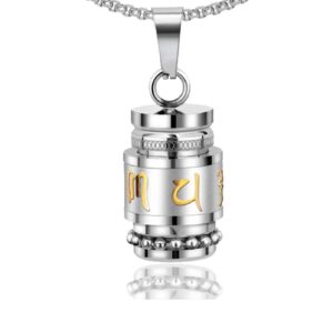 mgutillart fashion titanium steel buddhist prayer wheel pendant prayer locket necklace(white gold)