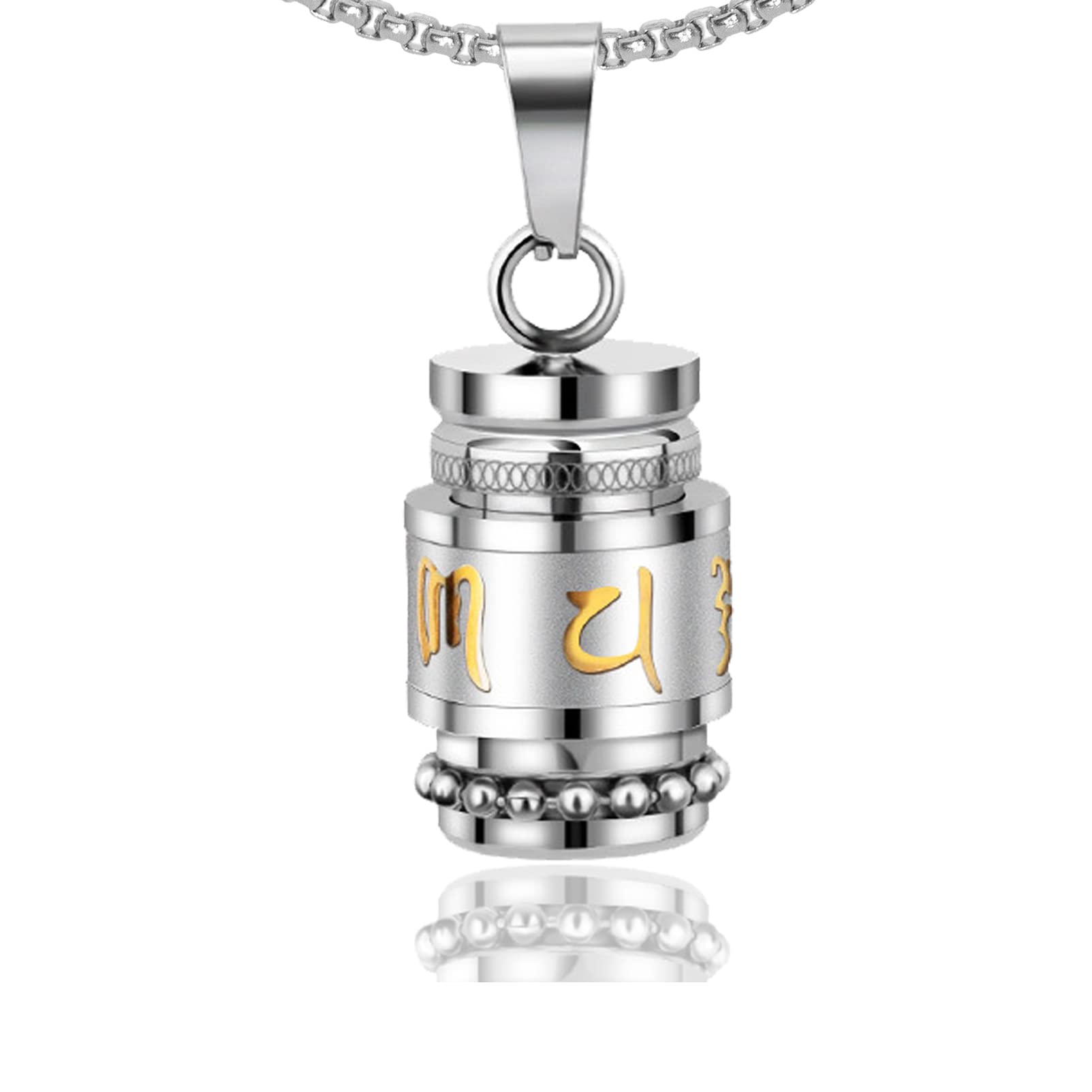 Mgutillart Fashion Titanium Steel Buddhist Prayer Wheel Pendant Prayer Locket Necklace(White Gold)