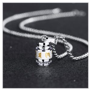 Mgutillart Fashion Titanium Steel Buddhist Prayer Wheel Pendant Prayer Locket Necklace(White Gold)