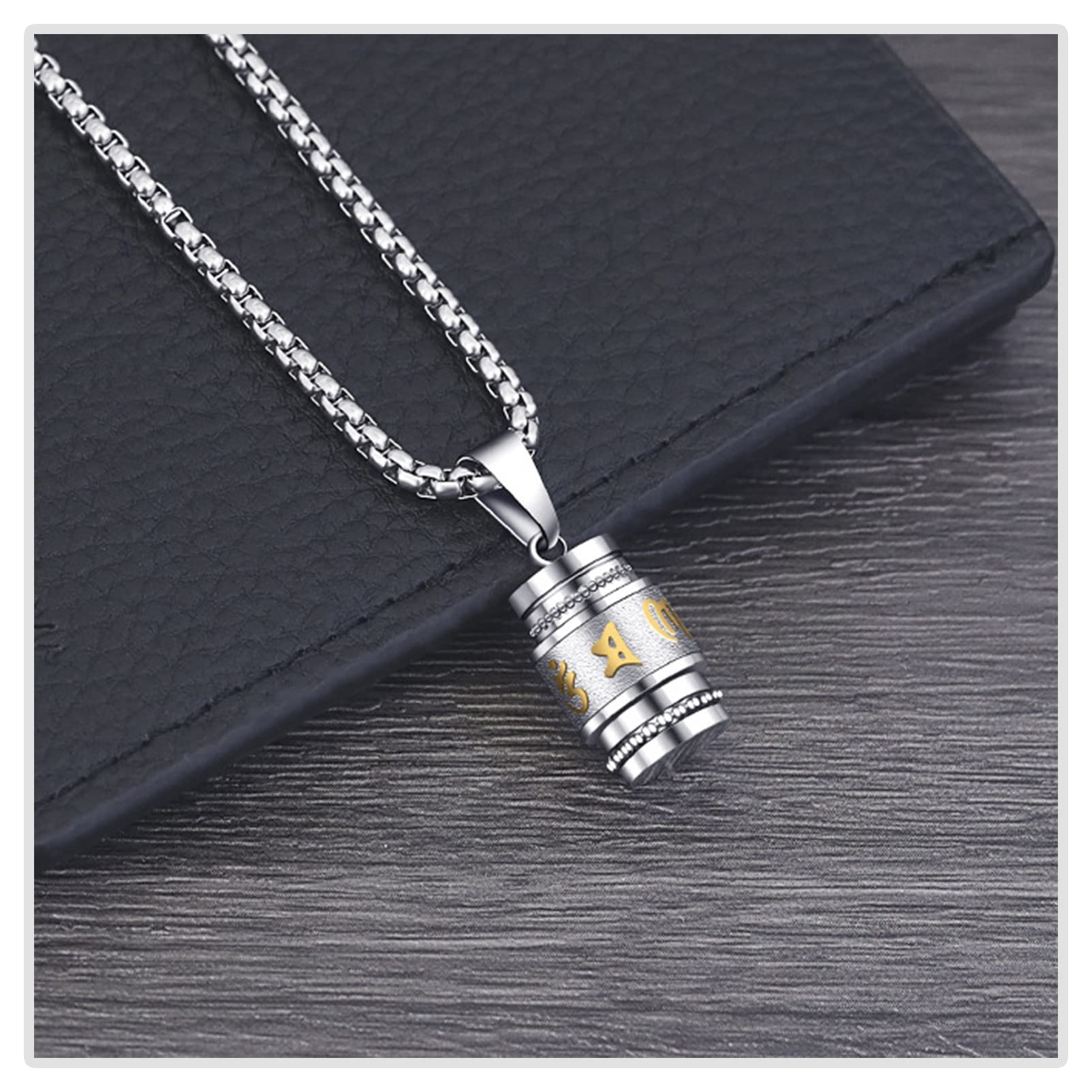 Mgutillart Fashion Titanium Steel Buddhist Prayer Wheel Pendant Prayer Locket Necklace(White Gold)