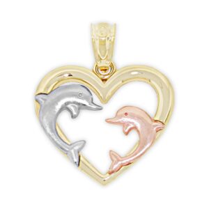 charm america - gold tri-color dolphins in heart charm - 10 karat solid gold