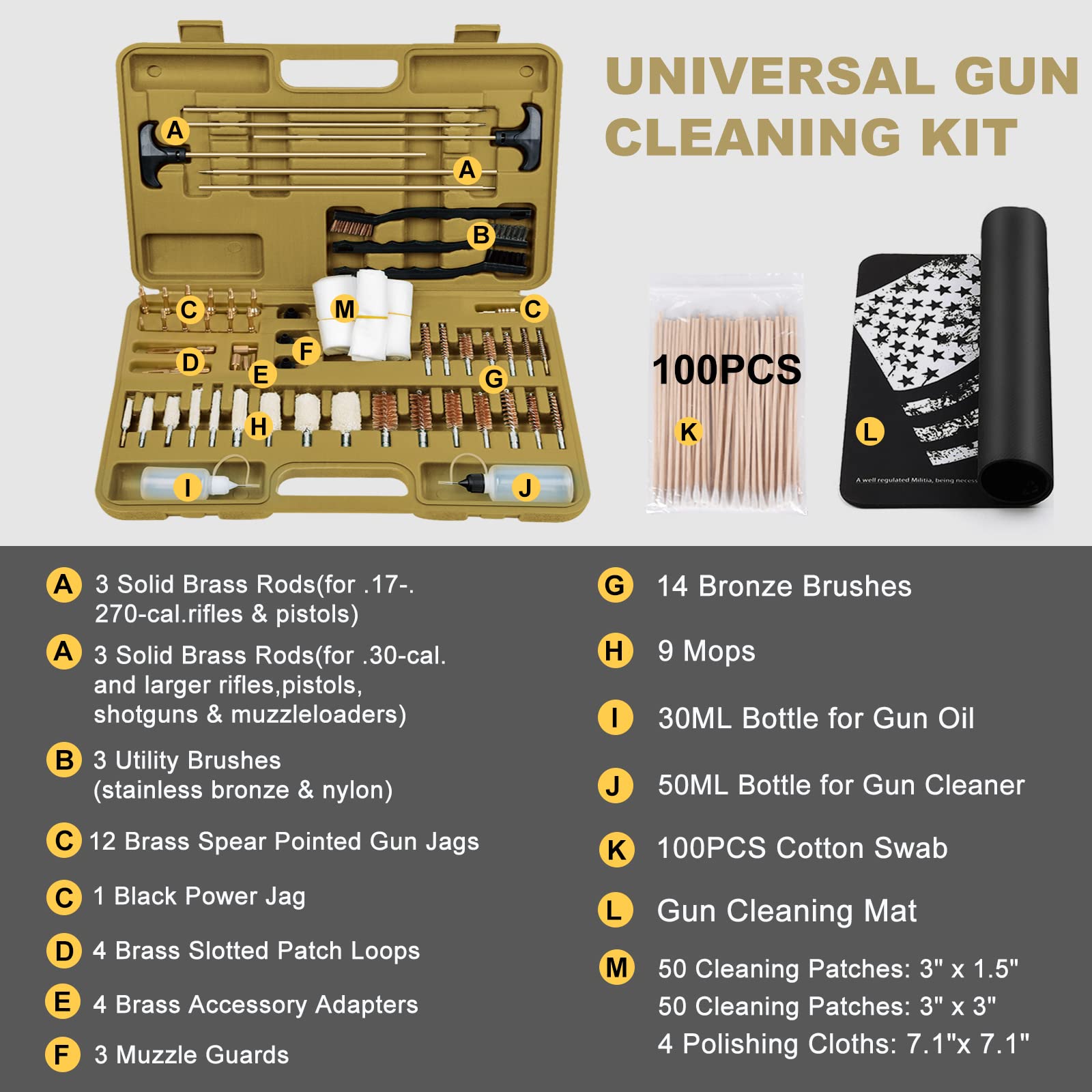 iunio Universal Gun Cleaning Kit, with Mat and Case, Full Brass Jags, Rods and Adapters, for All Guns, Rifle, Shotgun, Handgun, Pistol, Hunting, Shooting, All Caliber