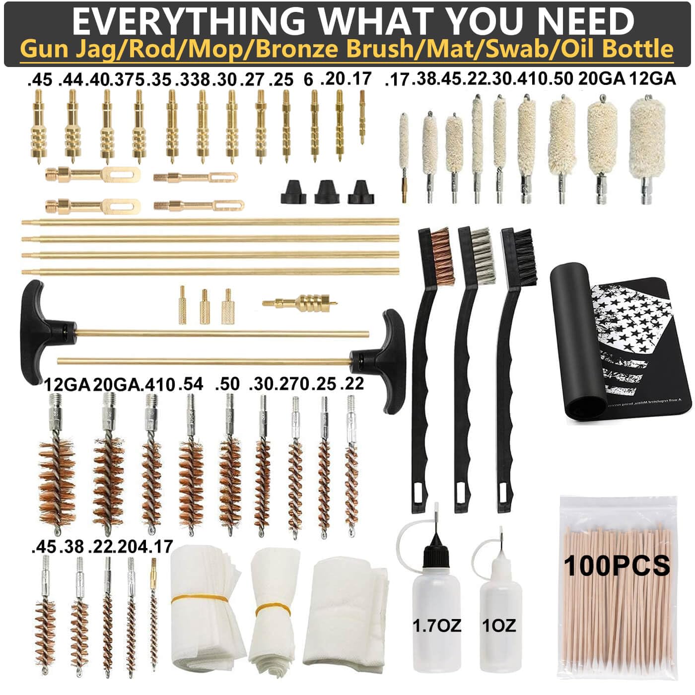 iunio Universal Gun Cleaning Kit, with Mat and Case, Full Brass Jags, Rods and Adapters, for All Guns, Rifle, Shotgun, Handgun, Pistol, Hunting, Shooting, All Caliber