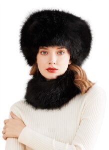 lovful faux fur women russian cossak hat,scarf set for ladies winter,black