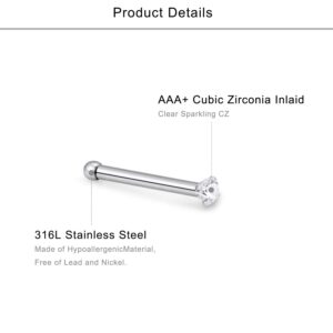 Lcolyoli 22G 316L Stainless Steel Nose Studs Rings Piercing for Men Women Bone Studs Pin Body Jewelry 1.5mm CZ Inlaid