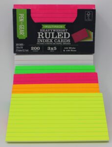 heavy weight ruled index cards 5 x 3 inches, 200 count, (100 white & 100 neon)