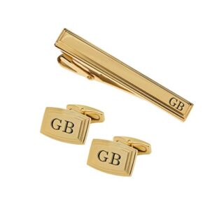 personalized gold beveled edge cufflinks & tie clip set monogram custom engraved free - ships from usa