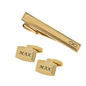 Personalized Gold Beveled Edge Cufflinks & Tie Clip Set Monogram Custom Engraved Free - Ships From USA