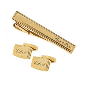 Personalized Gold Beveled Edge Cufflinks & Tie Clip Set Monogram Custom Engraved Free - Ships From USA