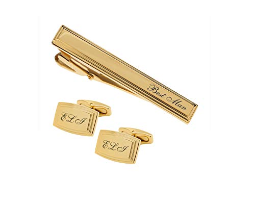 Personalized Gold Beveled Edge Cufflinks & Tie Clip Set Monogram Custom Engraved Free - Ships From USA