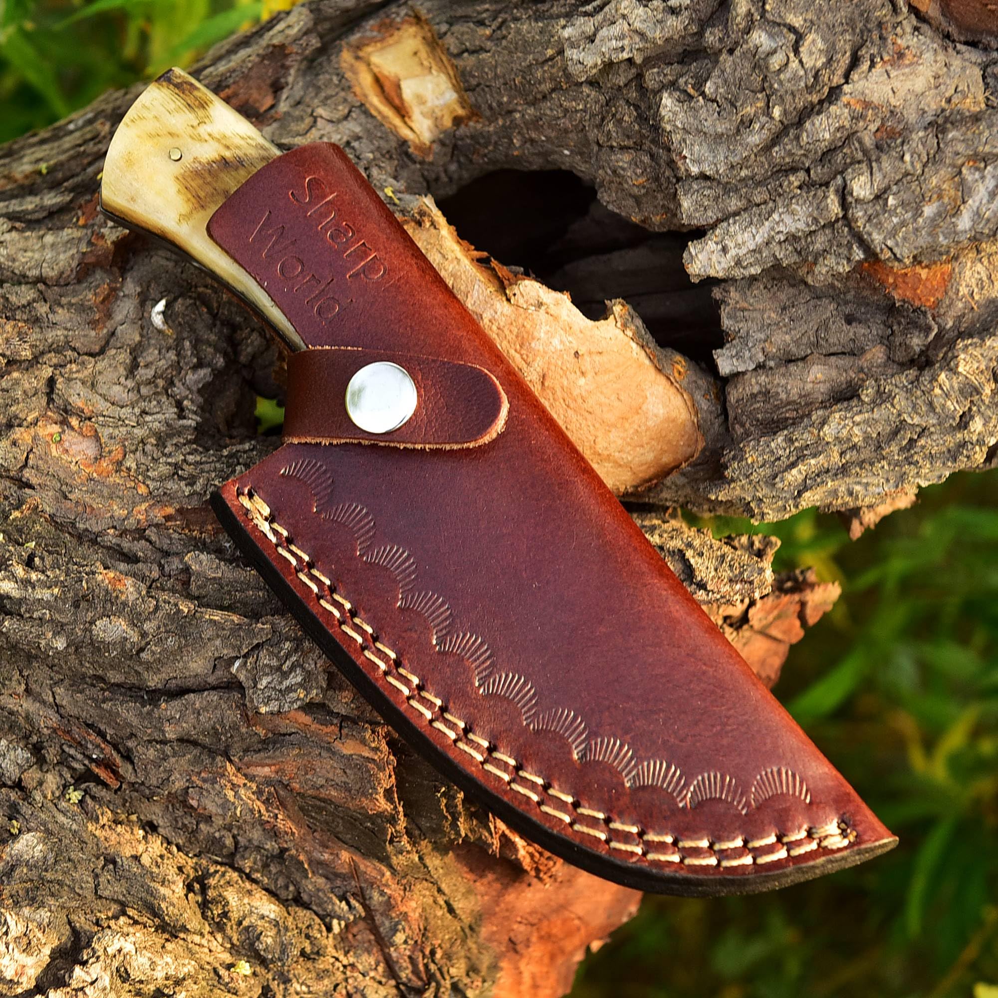 SharpWorld Beautiful Damascus Gut Hook Knife Made Of Remarkable Damascus Steel Ram Handle/w Brown Leather Sheath TJ111