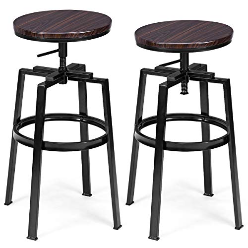 COSTWAY Counter Height Bar Stools, Set of 2, Swivel Adjustable, Round Top Pub Bistro Kitchen Dining Side Chair Metal Barstools with Footrest