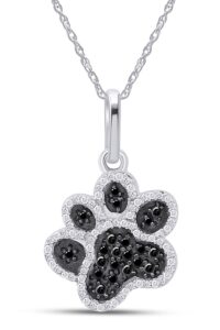 1/5 carat round cut black & white natural diamond dog paw pendant necklace along with 18" chain in 14k white gold over sterling silver (i2-i3 clarity, 0.20 cttw)