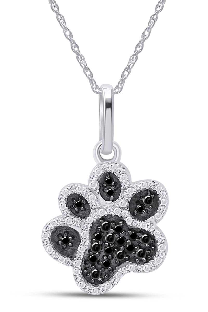 1/5 Carat Round Cut Black & White Natural Diamond Dog Paw Pendant Necklace Along With 18" Chain in 14K White Gold Over Sterling Silver (I2-I3 Clarity, 0.20 Cttw)