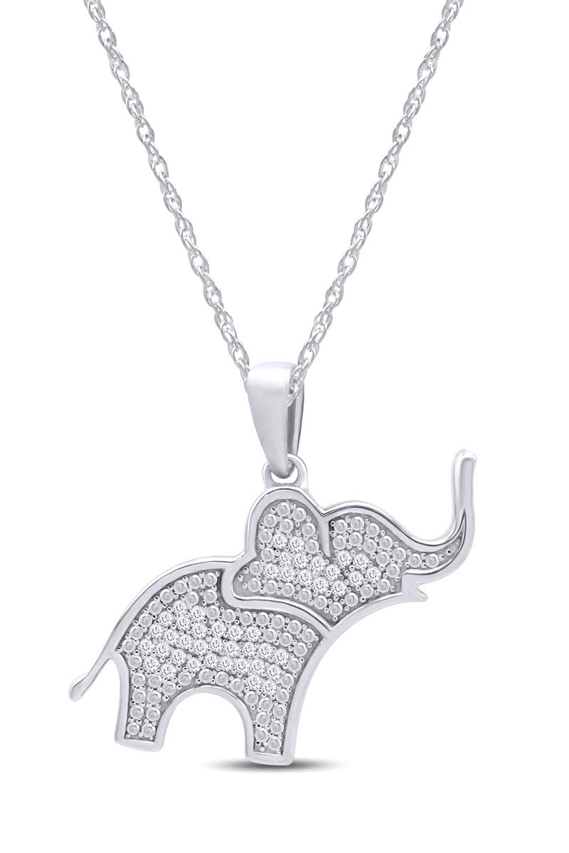 AFFY 1/8 Carat CT.t.w Round Cut White Natural Diamond Elephant Pendant Necklace in 14K White Gold Over Sterling Silver