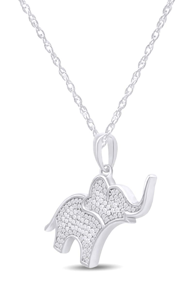 AFFY 1/8 Carat CT.t.w Round Cut White Natural Diamond Elephant Pendant Necklace in 14K White Gold Over Sterling Silver