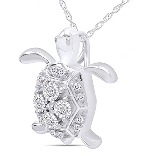 AFFY 0.13 Carat (ctw) Round White Natural Diamond Turtle Pendant Necklace in 14K Gold Over Sterling Silver (white-gold-plated-silver)