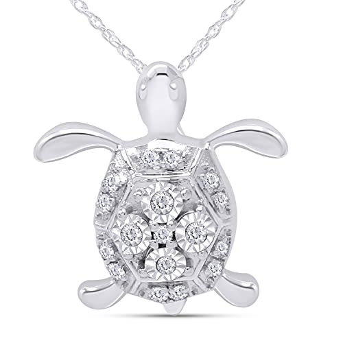 AFFY 0.13 Carat (ctw) Round White Natural Diamond Turtle Pendant Necklace in 14K Gold Over Sterling Silver (white-gold-plated-silver)