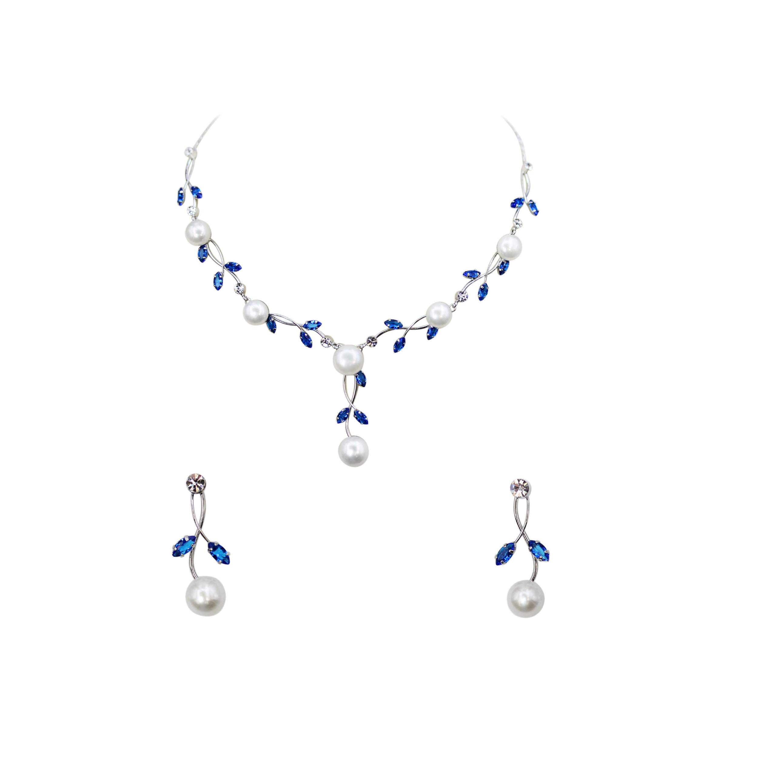 Faship Gorgeous Blue CZ Crystal Genuine Freshwater Pearls Floral Necklace Earrings Set - Blue