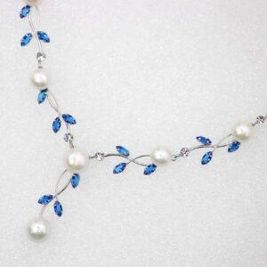 Faship Gorgeous Blue CZ Crystal Genuine Freshwater Pearls Floral Necklace Earrings Set - Blue