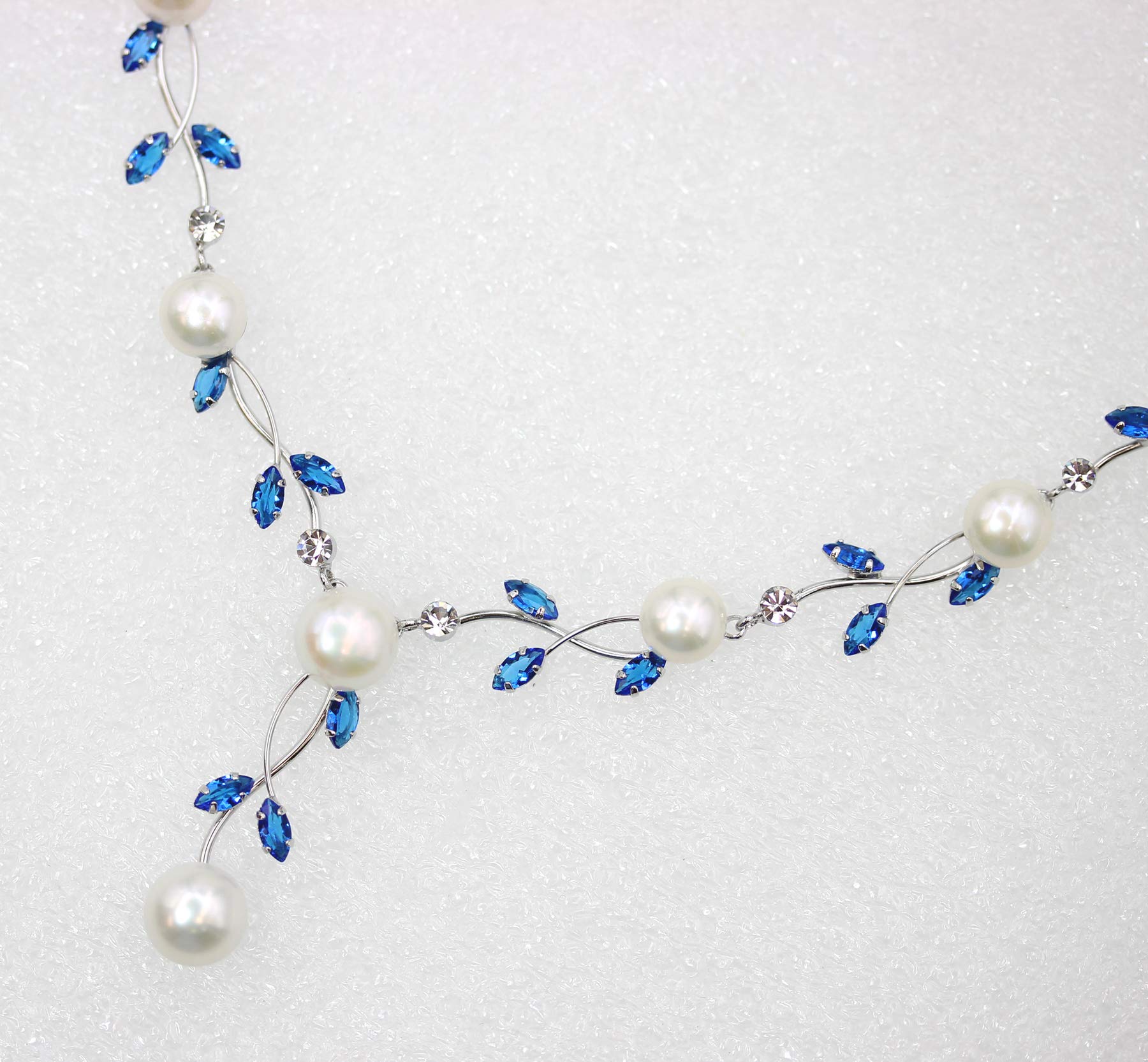 Faship Gorgeous Blue CZ Crystal Genuine Freshwater Pearls Floral Necklace Earrings Set - Blue