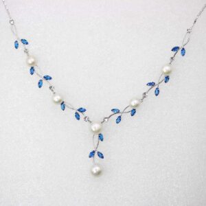 Faship Gorgeous Blue CZ Crystal Genuine Freshwater Pearls Floral Necklace Earrings Set - Blue