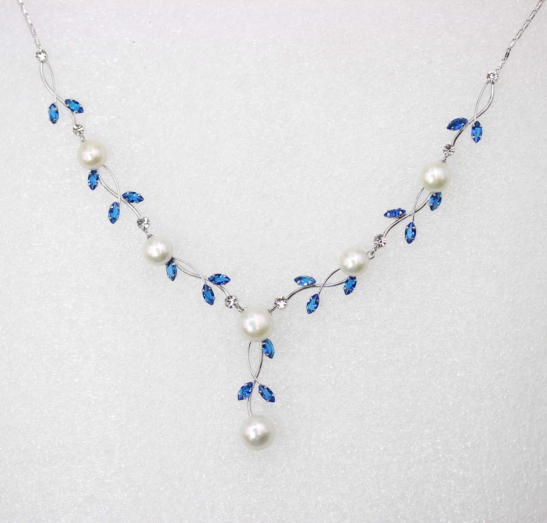 Faship Gorgeous Blue CZ Crystal Genuine Freshwater Pearls Floral Necklace Earrings Set - Blue