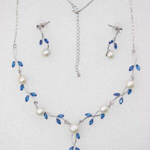 Faship Gorgeous Blue CZ Crystal Genuine Freshwater Pearls Floral Necklace Earrings Set - Blue