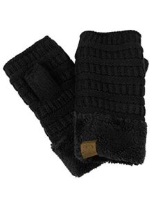 c.c women's warm knit fingerless half finger fleece lined winter gloves-black