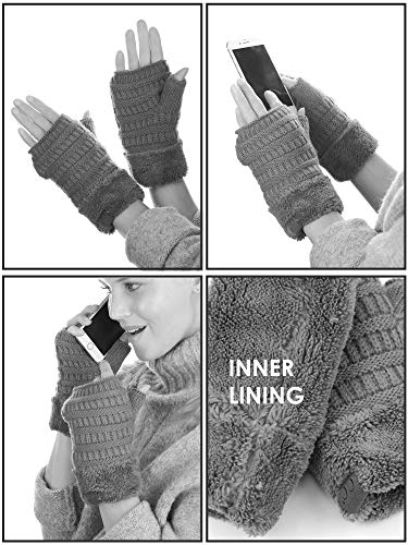 C.C Women's Warm Knit Fingerless Half Finger Fleece Lined Winter Gloves-Black