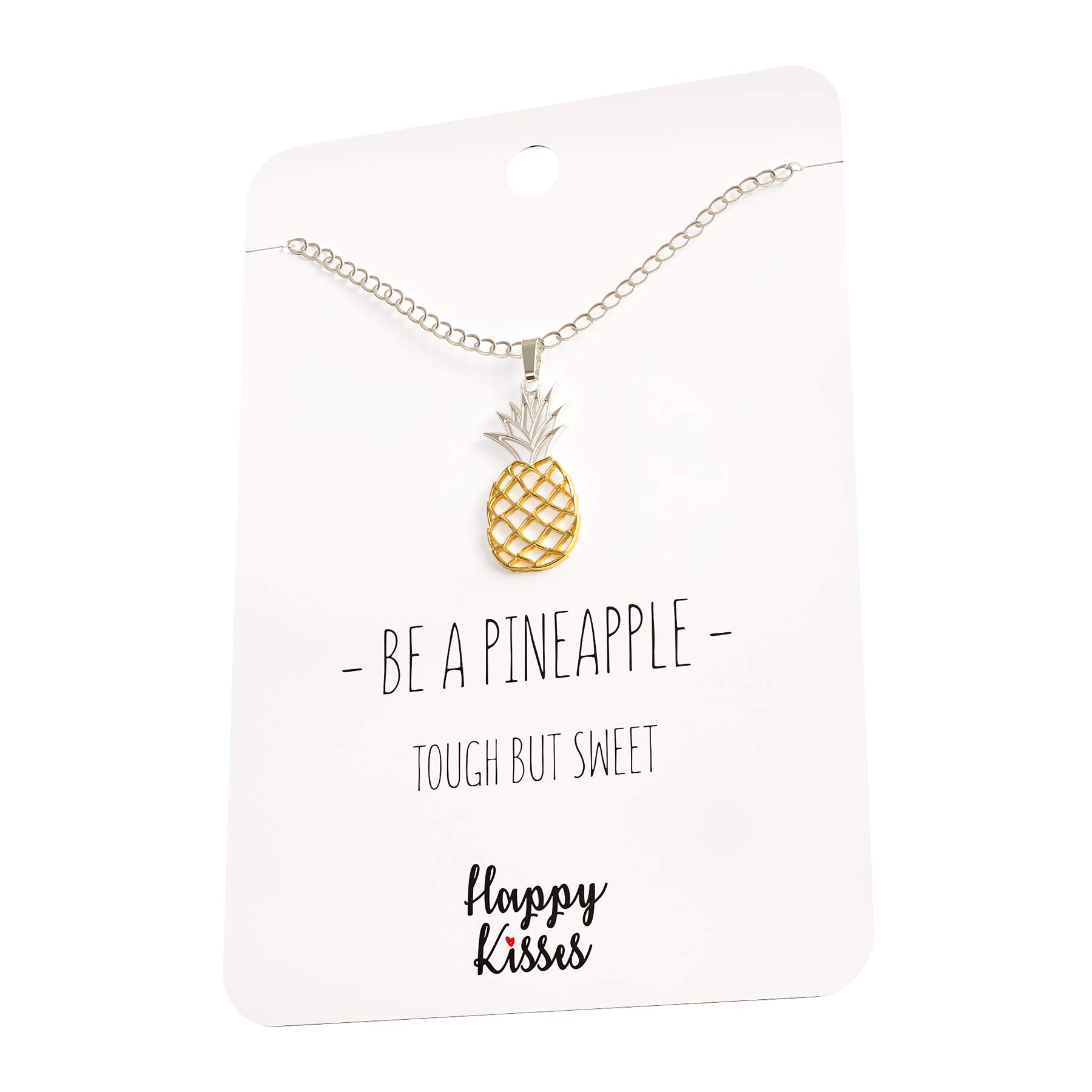 Happy Kisses Pineapple Necklace – Be A Pineapple Pendant – Message Card (Gold and Silver)