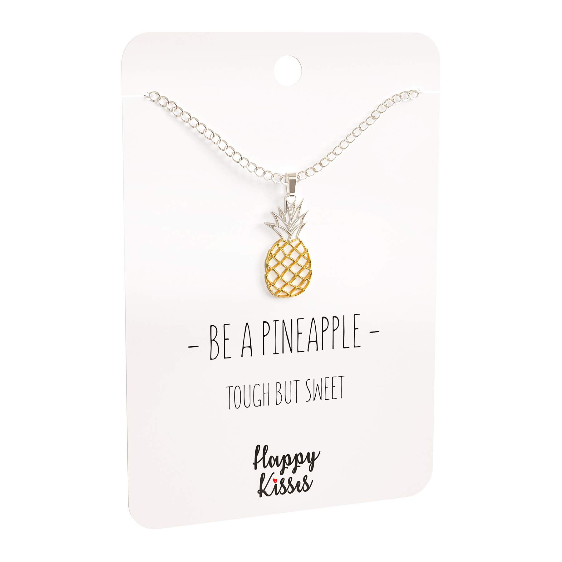 Happy Kisses Pineapple Necklace – Be A Pineapple Pendant – Message Card (Gold and Silver)