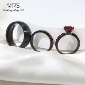 Two Rings His Hers Wedding Ring Sets Couples Matching Rings Women's 2pc Black Gold Filled Red CZ Wedding Engagement Ring Bridal Sets Men's Titanium Wedding Band