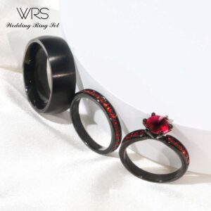 Two Rings His Hers Wedding Ring Sets Couples Matching Rings Women's 2pc Black Gold Filled Red CZ Wedding Engagement Ring Bridal Sets Men's Titanium Wedding Band