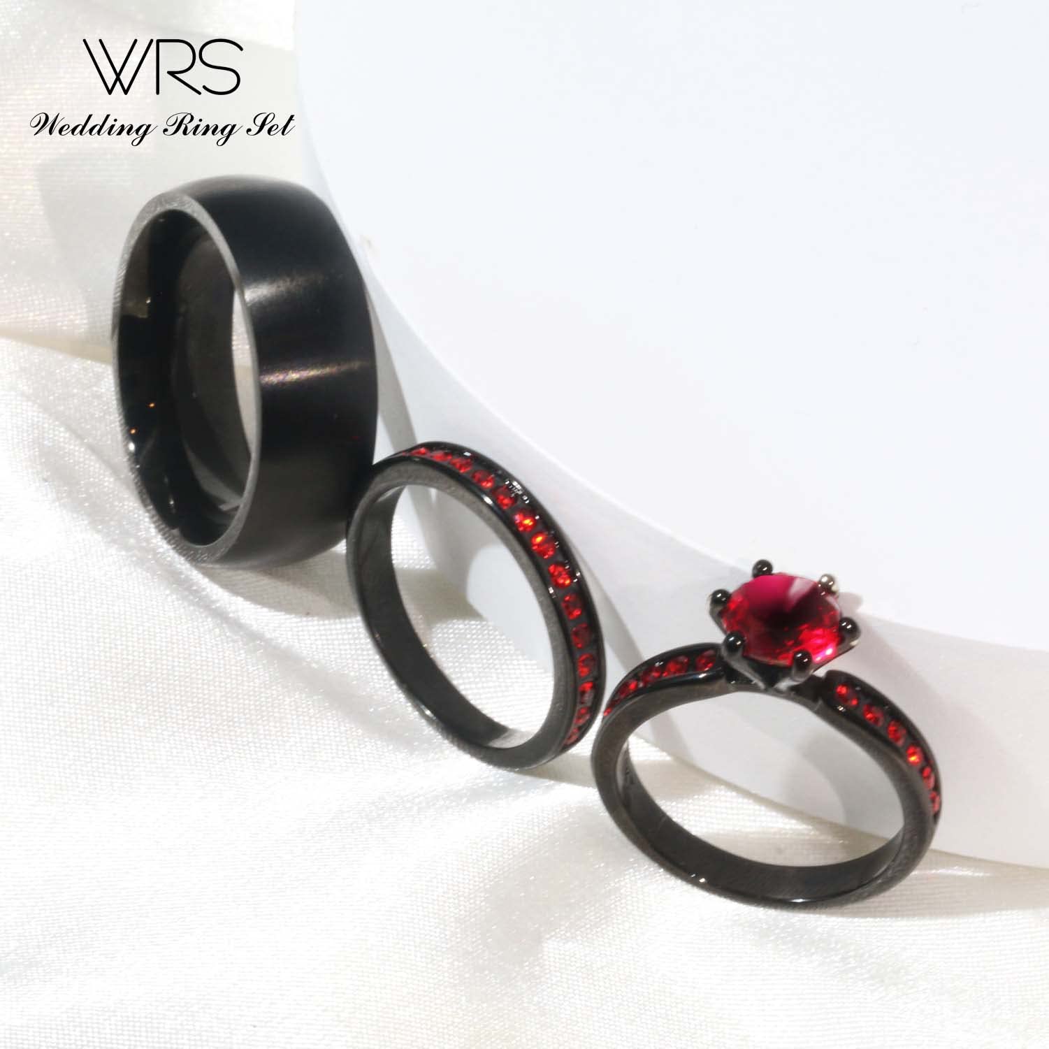 Two Rings His Hers Wedding Ring Sets Couples Matching Rings Women's 2pc Black Gold Filled Red CZ Wedding Engagement Ring Bridal Sets Men's Titanium Wedding Band