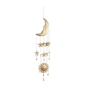 deco 79 metal sun and moon windchime with glass beads and cone bells, 9" x 1" x 39", gold