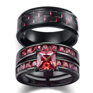 loversring two rings his and hers couple ring bridal set his hers 3pc women black gold filled red cz man stainless steel wedding ring band set