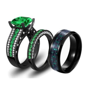 two rings his hers wedding ring sets couples matching rings women's black gold filled green cz wedding engagement ring bridal sets men's stainless steel wedding band