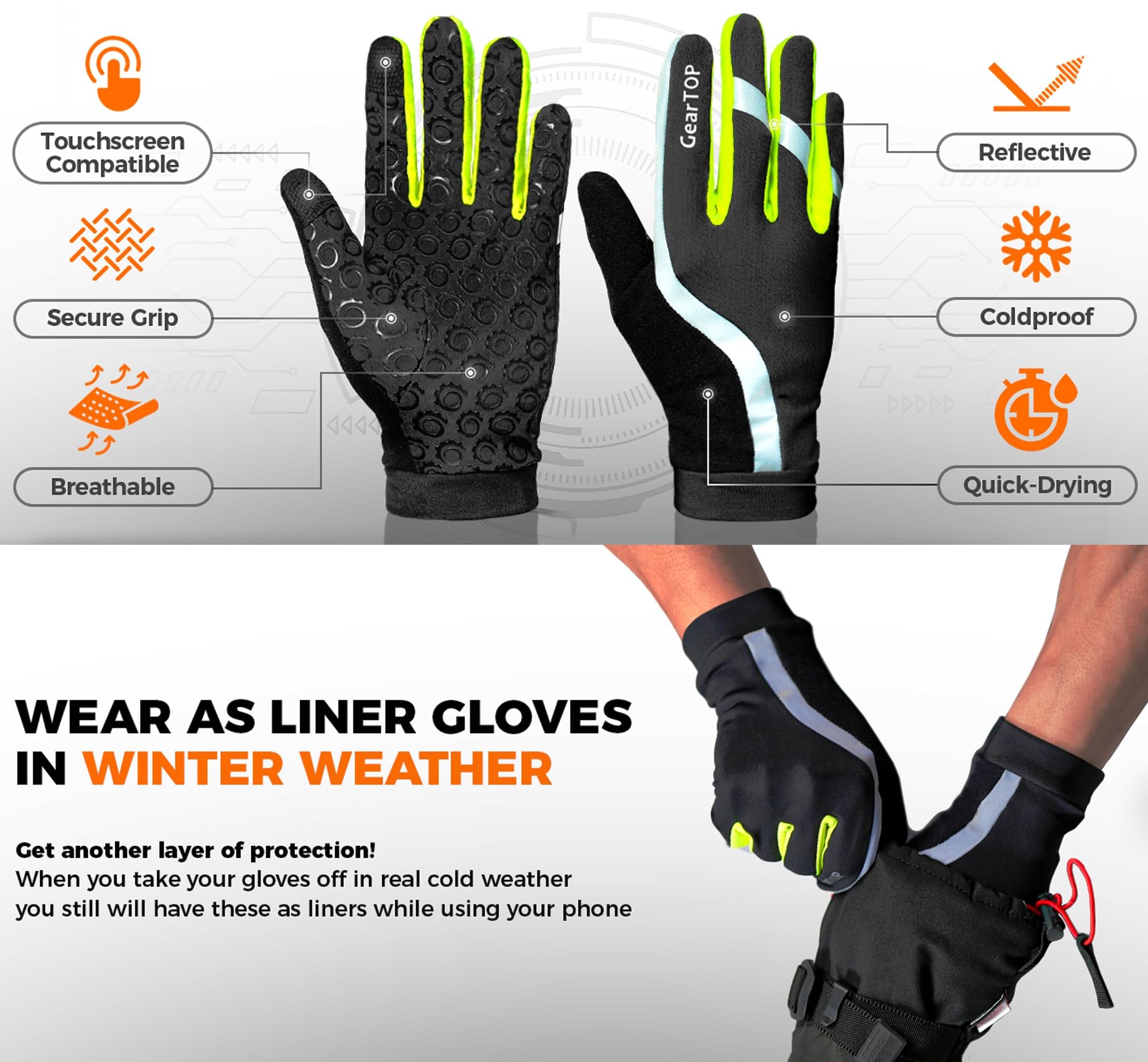 GearTOP Running Gloves for Men & Women for Cold Weather, Touchscreen Winter Gloves Men Reflective Running Gear, Warm Glove Liners for Hiking, Freezer Gloves (Reflective, X-Large)