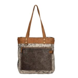 myra bag himbac upcycled canvas & cowhide leather tote bag s-1251