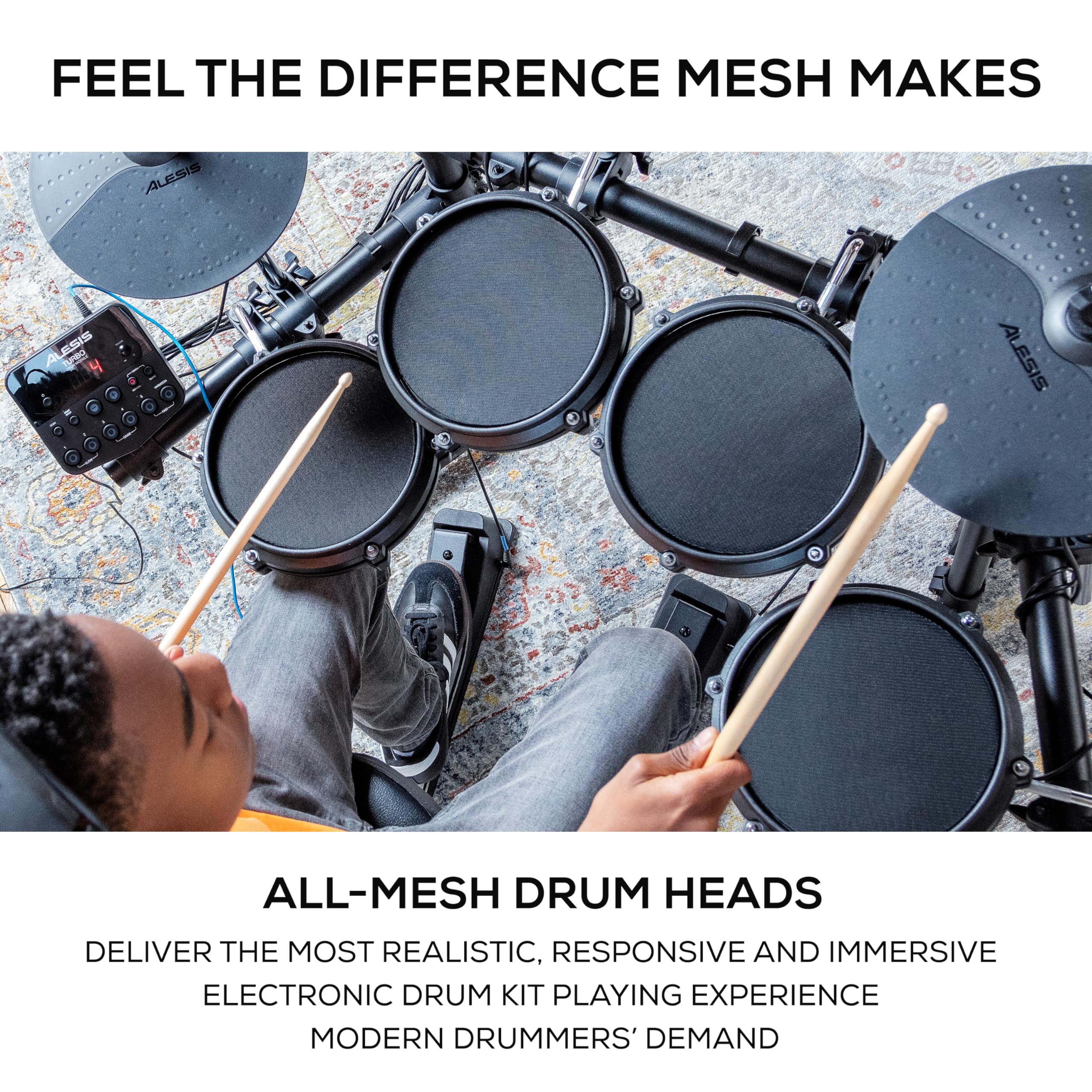 Alesis Turbo Mesh Kit – Electric Drum Set With 100+ Sounds, Quiet Mesh Drum Pads, Drum Sticks, Connection Cables, Drum Lessons